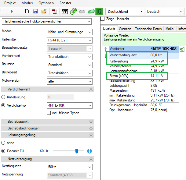 Auswahl mit der Bitzer Software