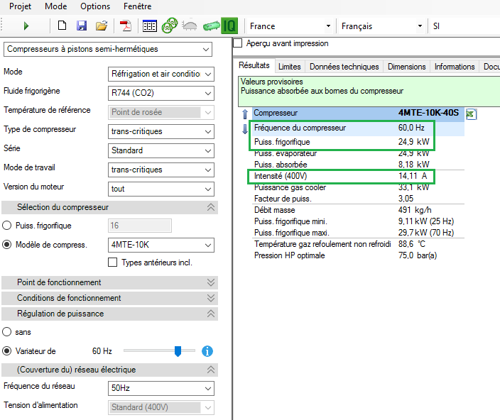 Sélection avec Bitzer Software
