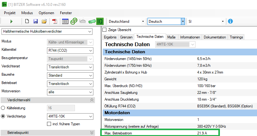 Auswahl mit der Bitzer Software
