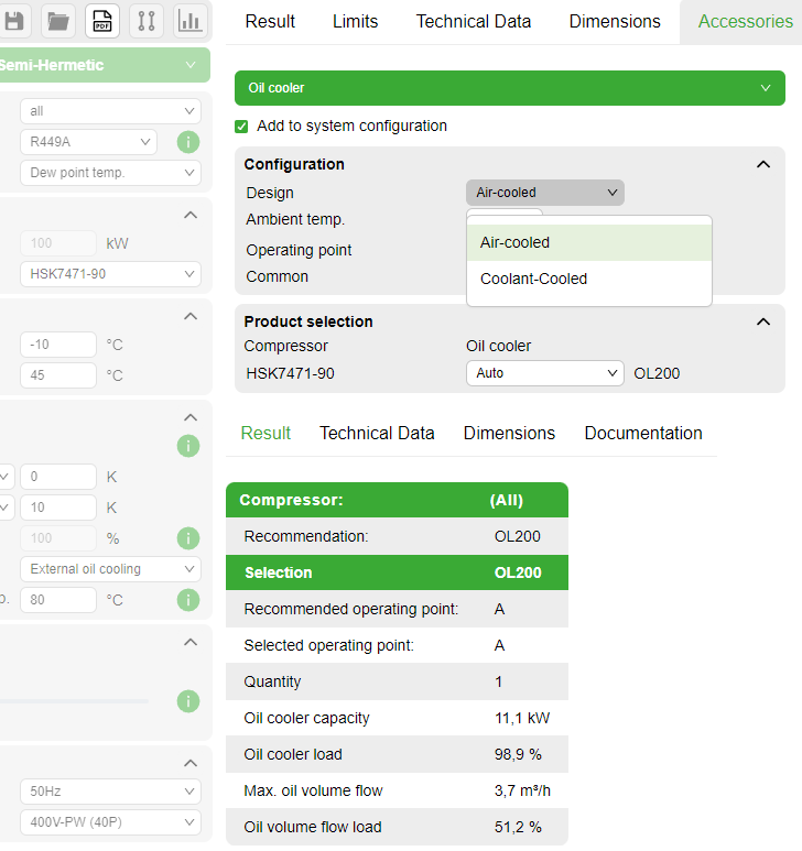 Selecting the oil cooler with the Bitzer Software