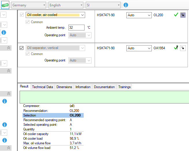 Selecting the oil cooler with the Bitzer Software