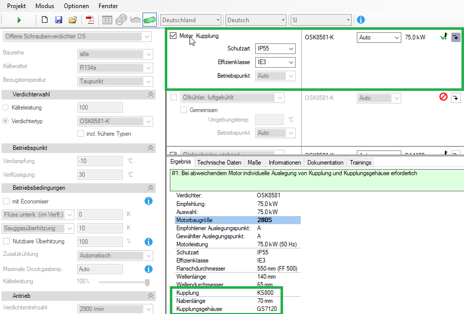 Auswahl mit der Bitzer Software