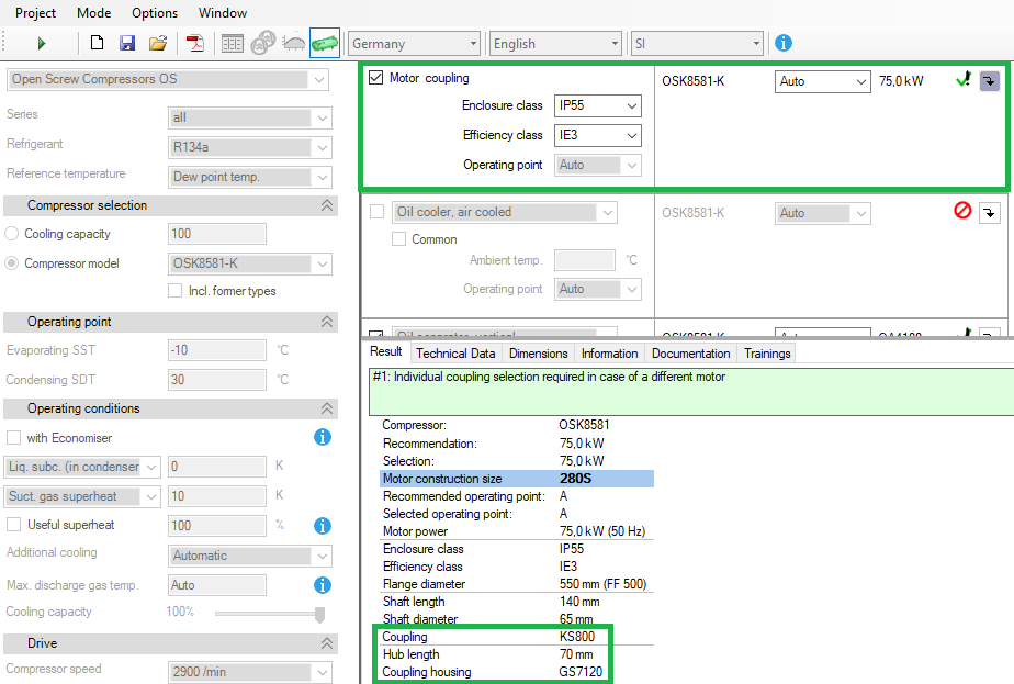 Choosing the coupling in the Bitzer Software