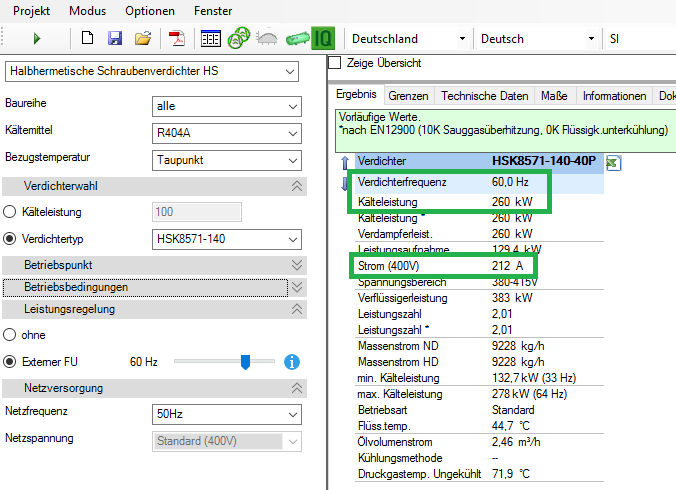 Auswahl mit der Bitzer Software