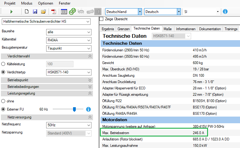 Auswahl mit der Bitzer Software