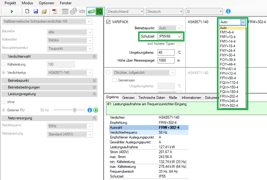 Auswahl mit der Bitzer Software
