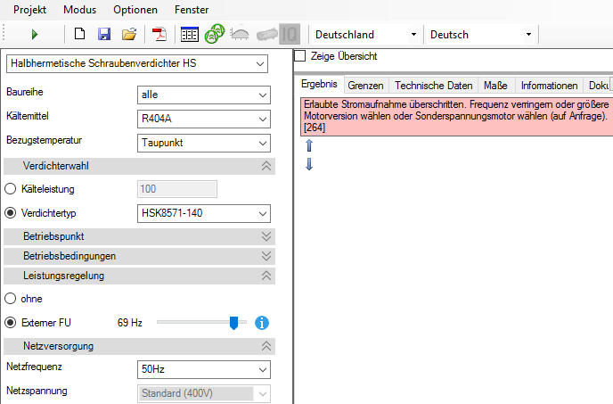 Auswahl mit der Bitzer Software