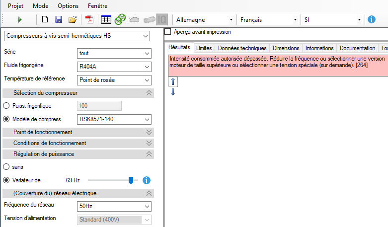 Sélection avec Bitzer Software