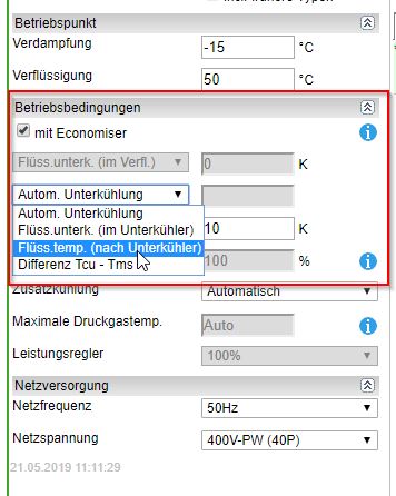Auswahl des Flüssigkeitsunterkühlers in der BITZER SOFTWARE