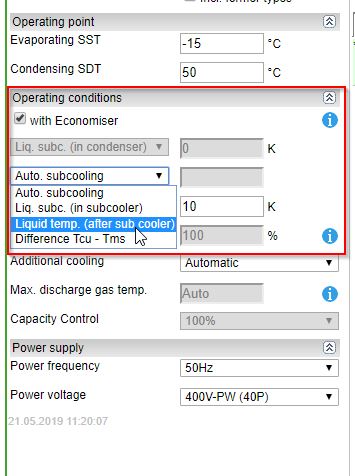 Selection of the liquid subcooler in the BITZER SOFTWARE